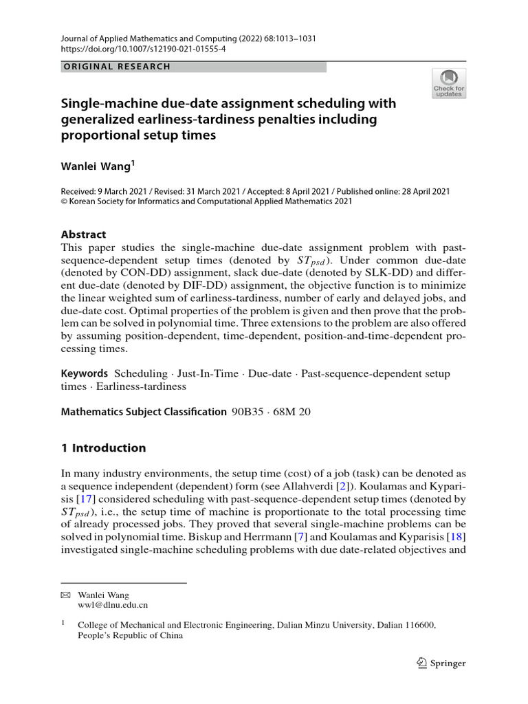Wang - 2022 - Single-Machine Due-Date Assignment Scheduling With | PDF | Time Complexity ...
