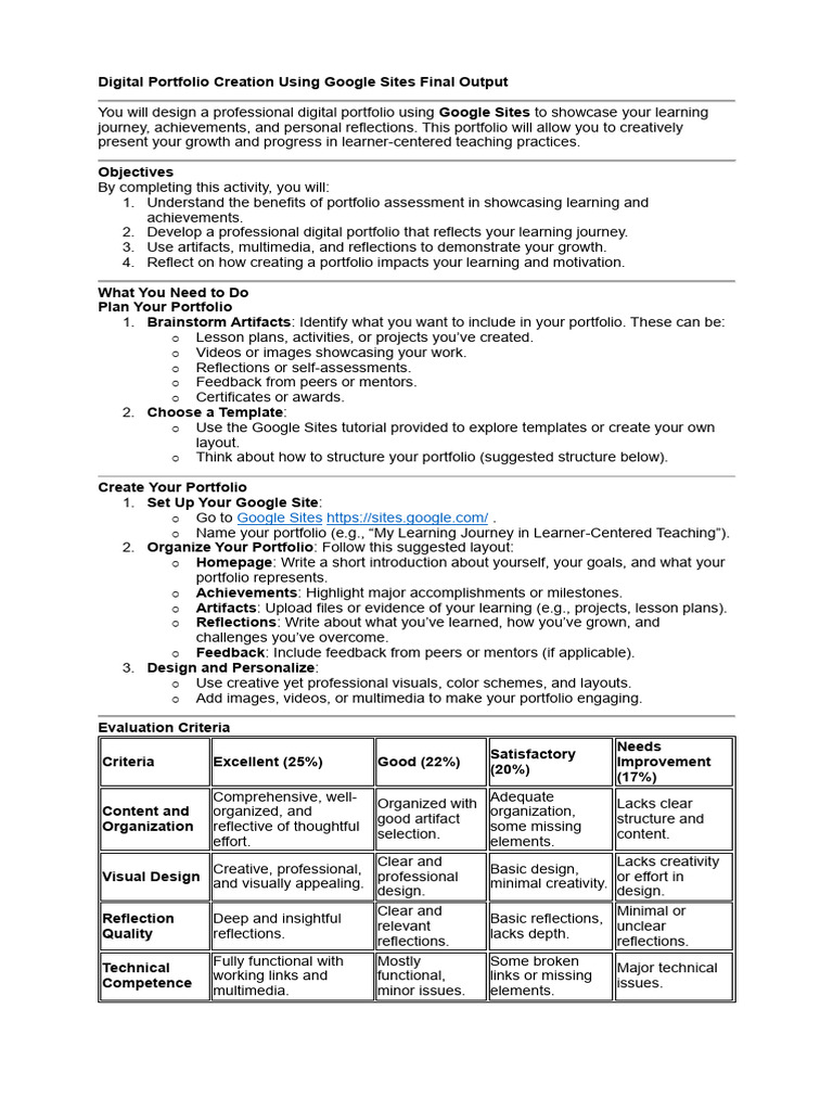 Digital Portfolio Creation Using Google Sites Final Output | PDF ...