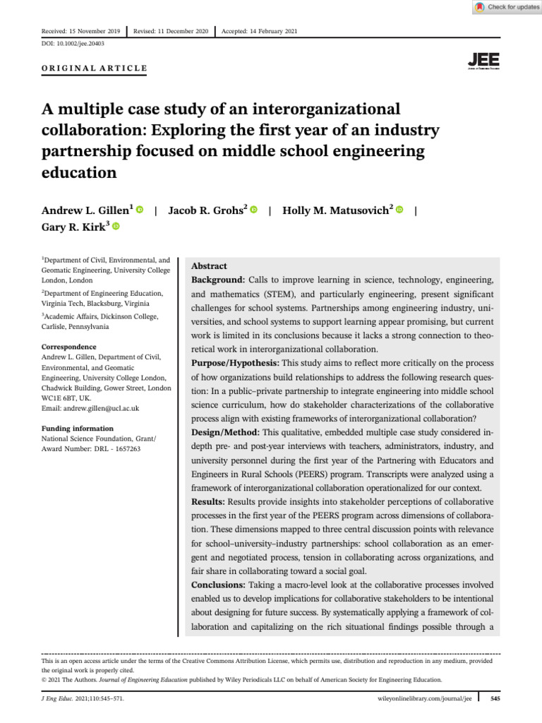 J of Engineering Edu - 2021 - Gillen - A Multiple Case Study of An ...