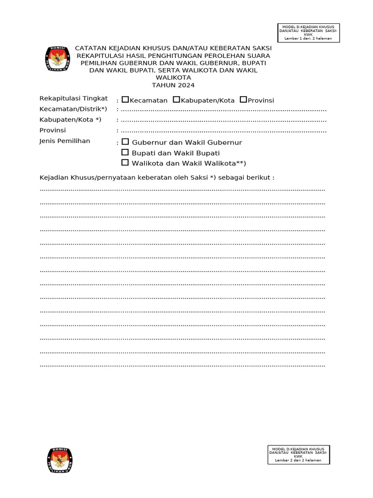 FORMULIR D.KEJADIAN KHUSUS DAN ATAU KEBERATAN SAKSI KWK | PDF FORMULIR D.KEJADIAN KHUSUS DAN ATAU KEBERATAN SAKSI KWK | PDF