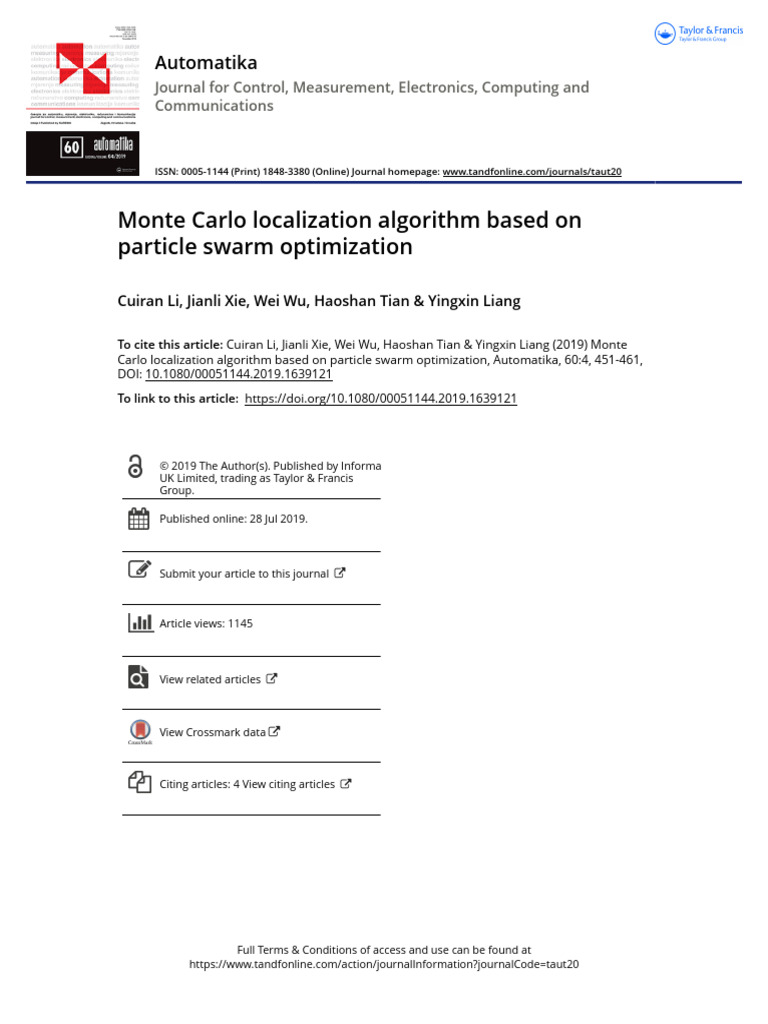 Monte Carlo Localization Algorithm Based On Particle Swarm Optimization | PDF | Applied ...