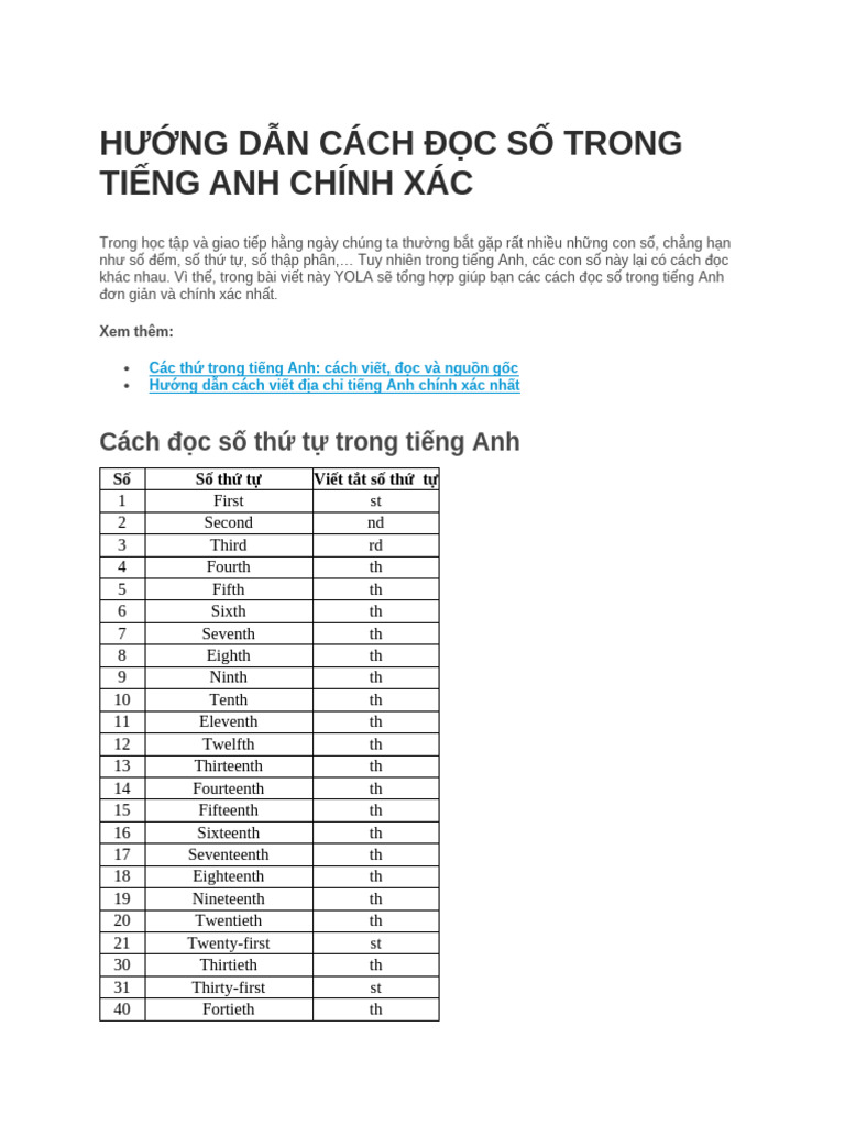 Hướng Dẫn Cách Đọc Số Trong Tiếng Anh Chính Xác | PDF