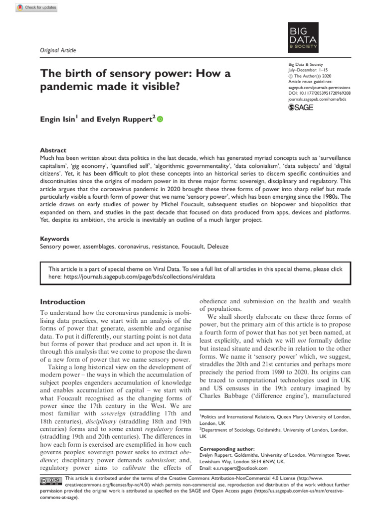 Isin, E., & Ruppert, E. (2020). The birth of sensory power- How a pandemic made it visible. Big ...