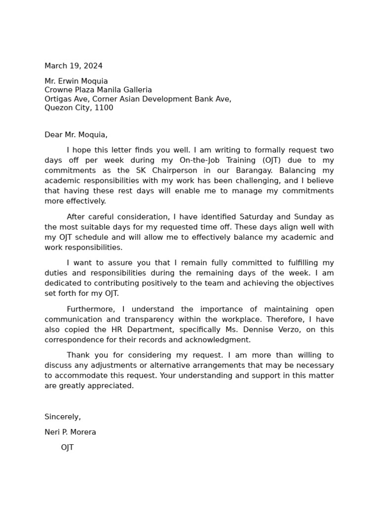 OJT Time Off Request Letter | PDF