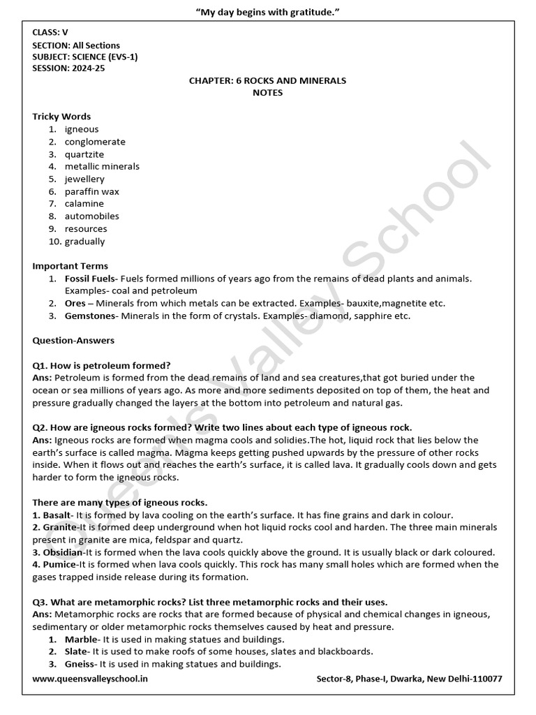 Rocks and Minerals Class V Notes | PDF | Rock (Geology) | Sedimentary Rock
