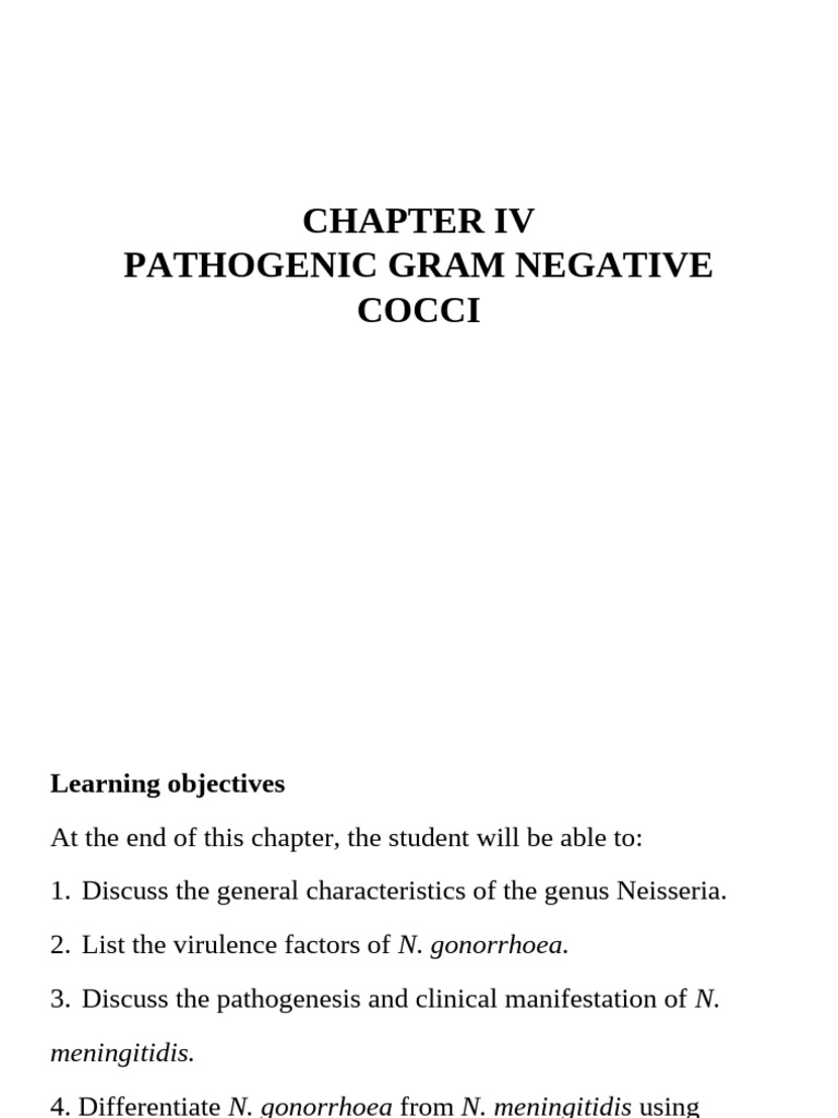 CHAPTER IV Pathogenic Gram Negative Cocci | PDF | Meningitis | Medical Specialties