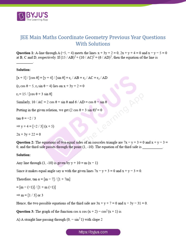 JEE Main Maths Coordinate Geometry Previous Year Questions With ...