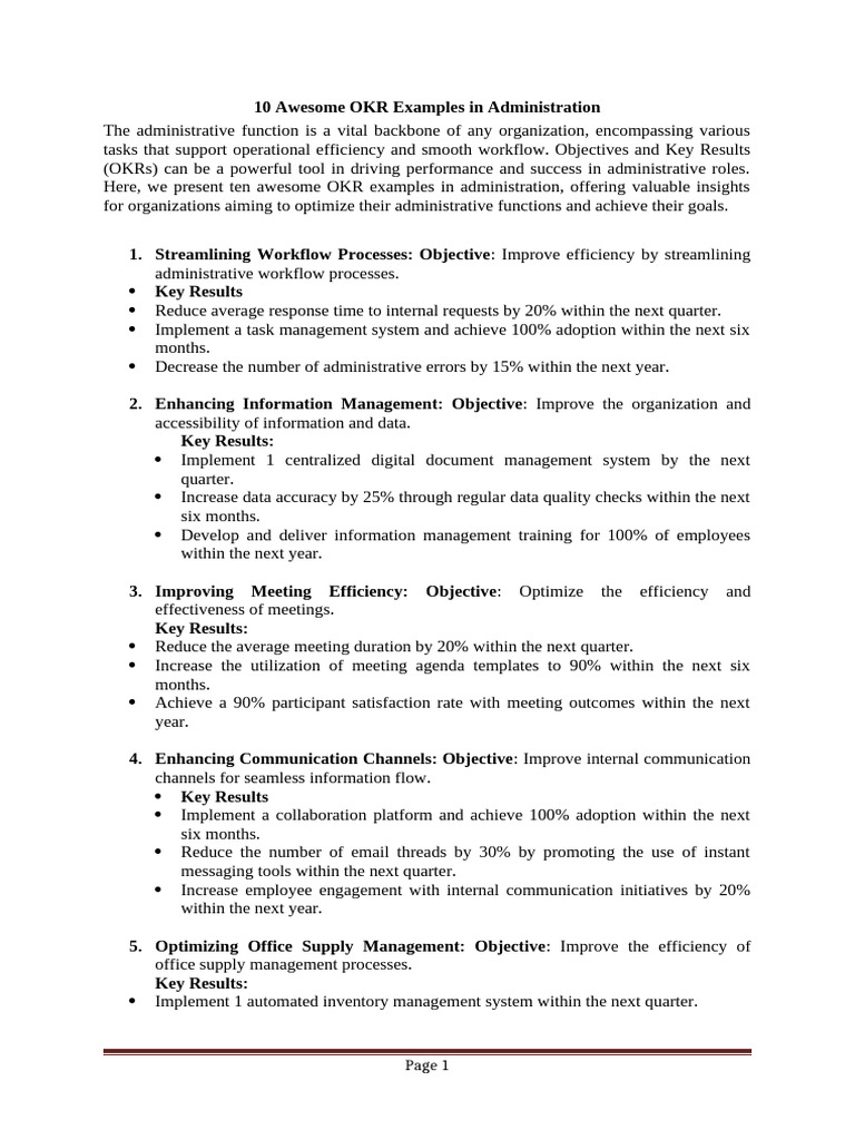 10 Effective OKR Examples for Admin | PDF | Employment | Procurement