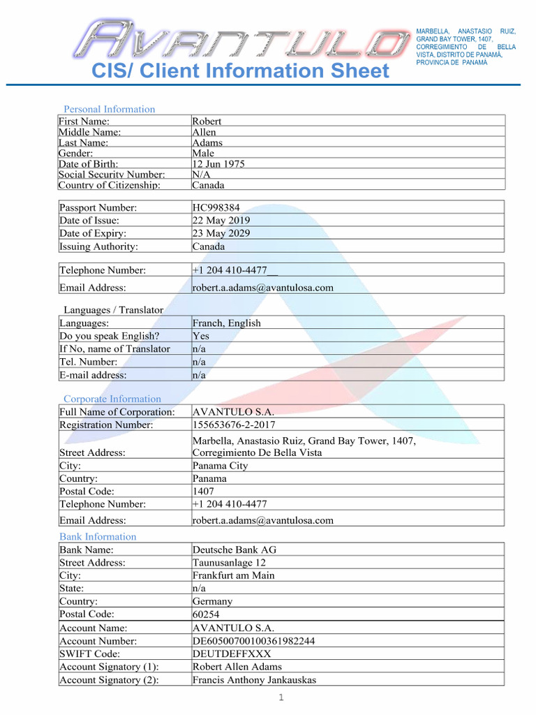 AVANTULO S.A. CIS - Client Information Sheet - 31.10.2023 | PDF