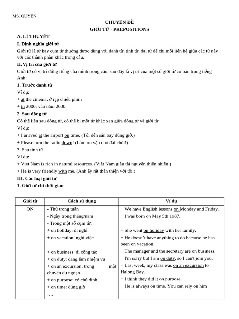 CHUYÊN ĐỀ -PREPOSITION-BASIC | PDF