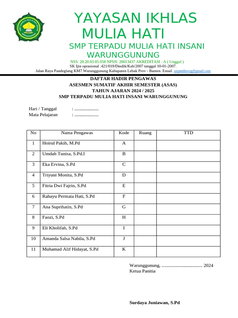 Daftar Hadir Pengawas Asesmen Sumatif Akhir Semester Ganjil Tajhun 2024 | PDF