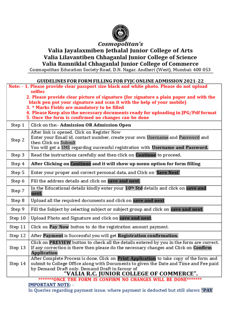 FYJC Admission Form Filling Guidelines | PDF | University And College ...