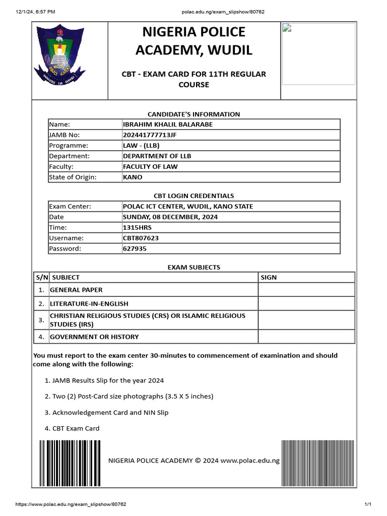 Khlil Polac Exam Card | PDF