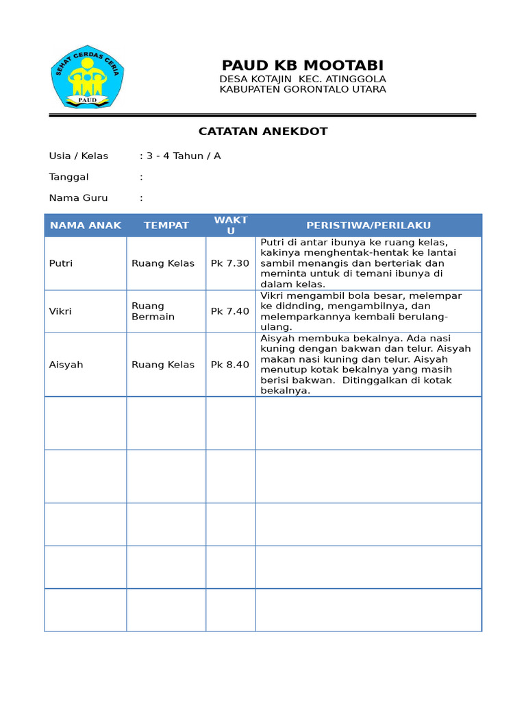 Catatan Anekdot Paud K-13 | PDF
