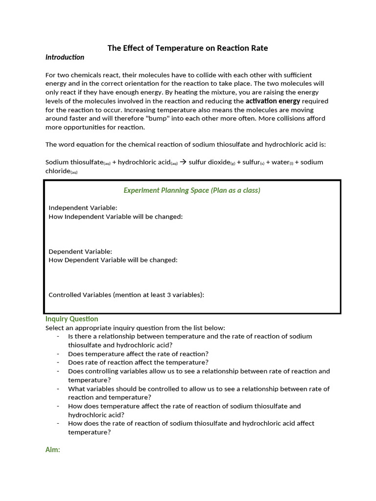 Planning_The Effect of Temperature on Reaction Rate | PDF | Chemical ...