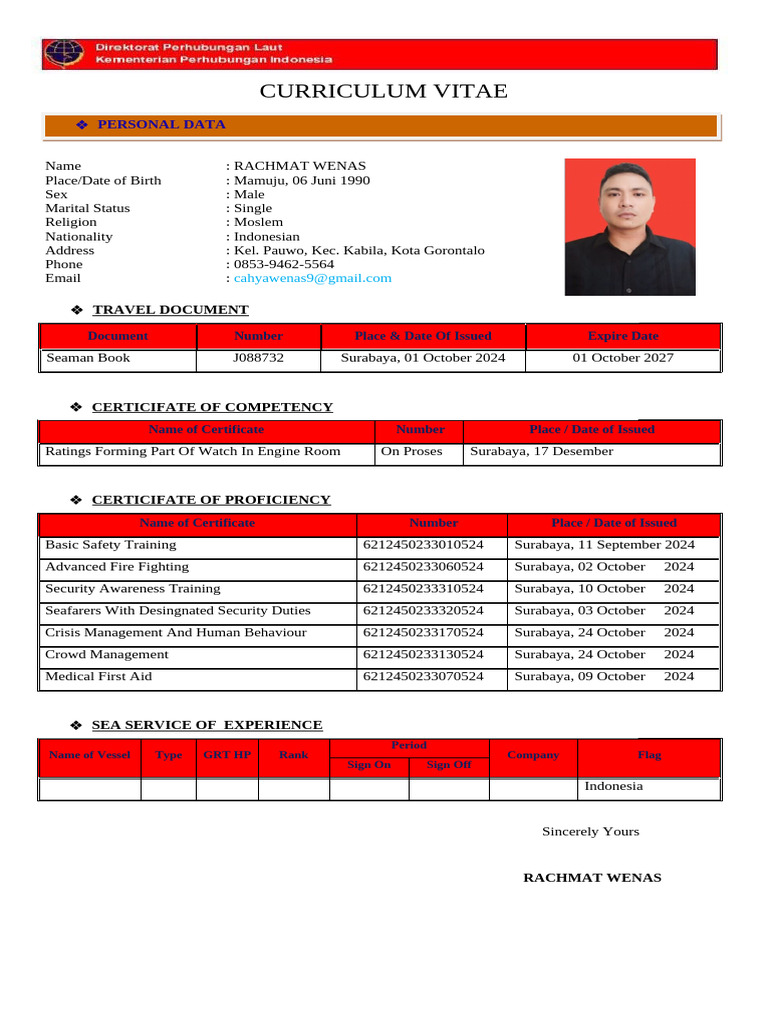 CV Pelaut Rachmat Wenas | PDF