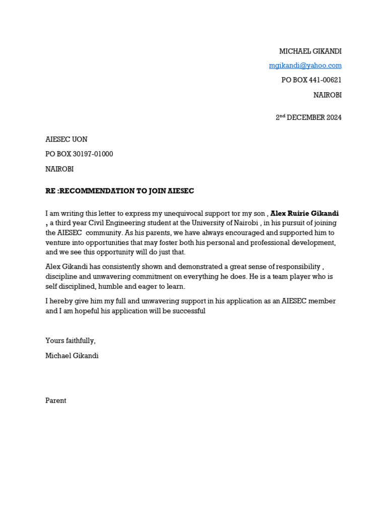 PARENT Recommendation Letter | PDF