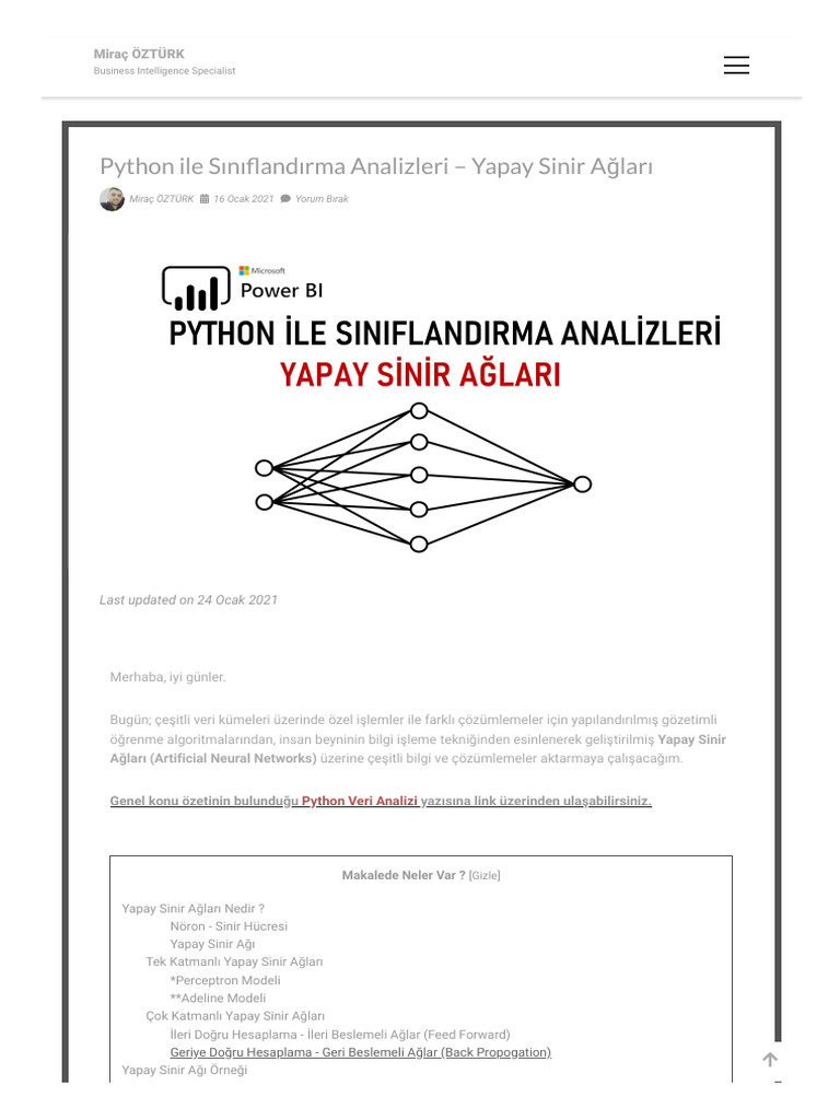 Python Ile Sınıflandırma Analizleri Yapay Sinir Ağları Miraç ÖztÜrk 