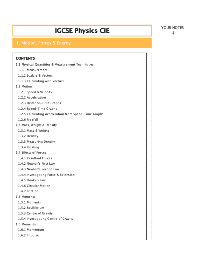CIE IGCSE Physics Revision Notes 2023 (1-77 | PDF | Force | Weight
