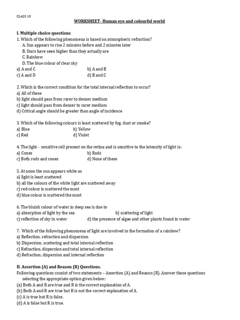 Class 10 Human Eye Worksheet | PDF | Eye | Light