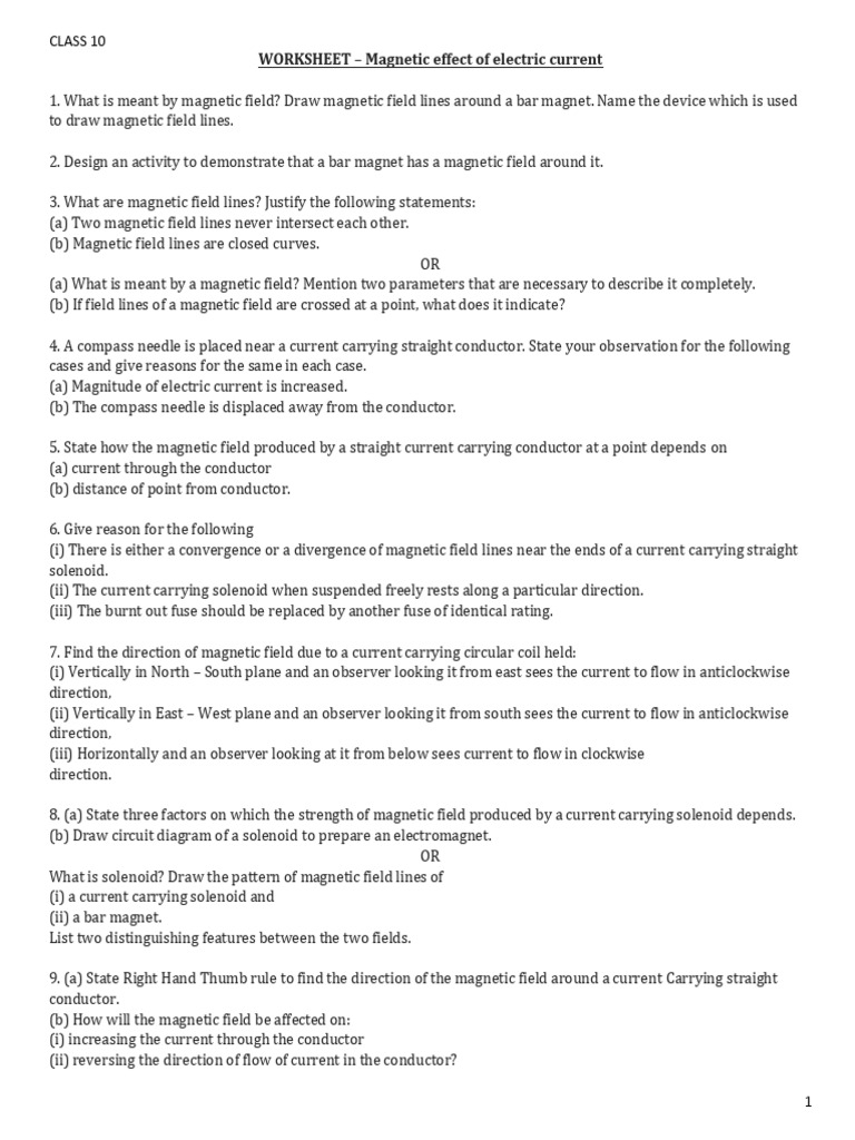 Magnetic Effects of Electric Current Worksheet | PDF | Magnetic Field ...