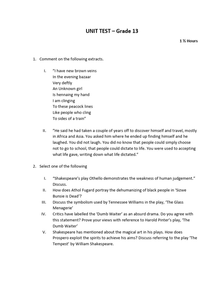 Grade 13 Literature Unit Test Guide | PDF