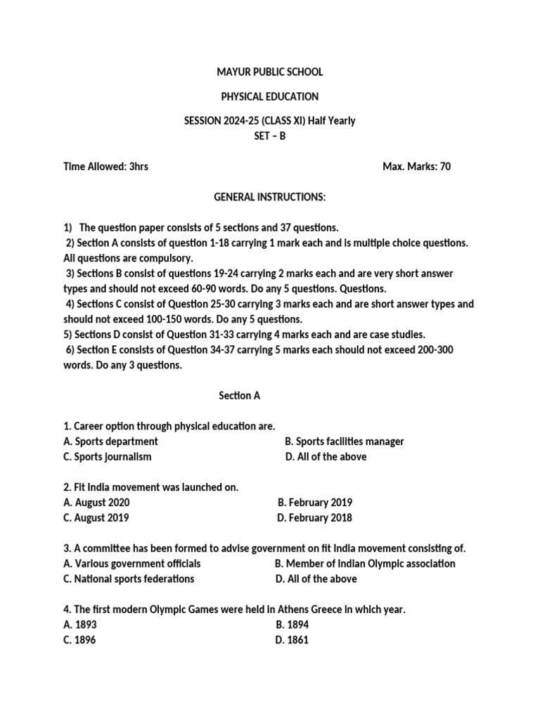 MAYUR PUBLIC SCHOOL Half Yearly 11th SET-B 24-25 | PDF | Yoga