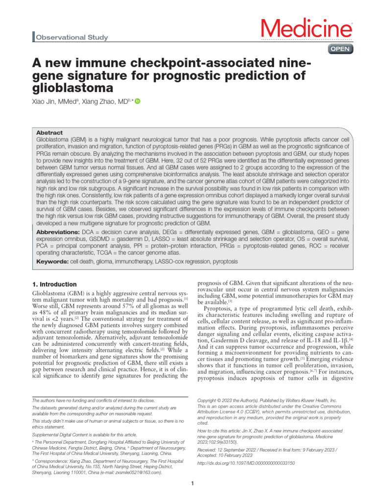 A New Immune Checkpoint Associated Nine Gene.35 | PDF | Glioma | Medicine