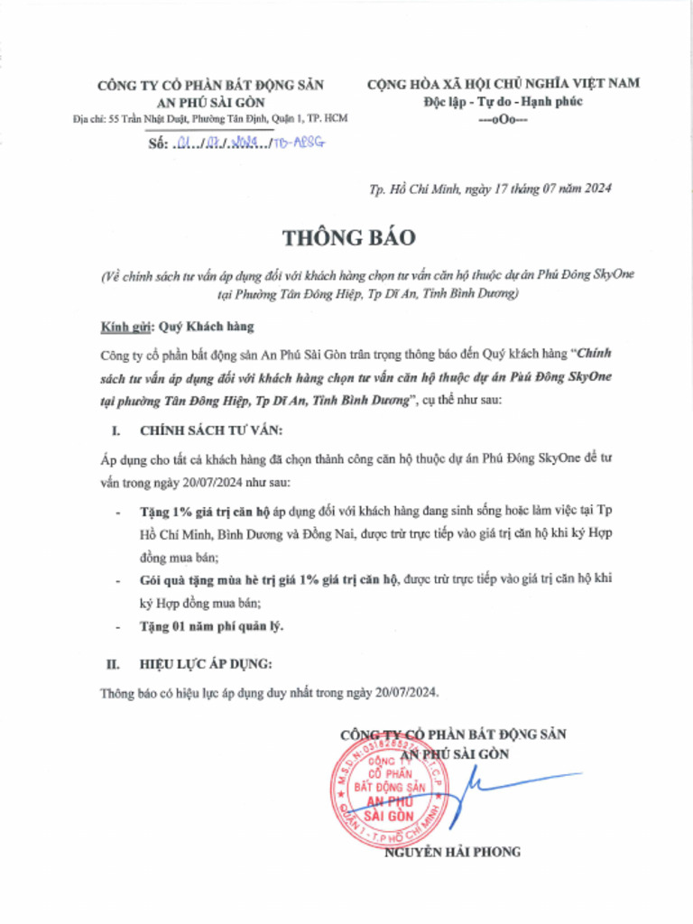 2024.07.17-01.07.2024.TB-APSG-VE CS TU VAN AP DUNG DOI VOI KH CHON TV CAN HO DU AN PDSO | PDF