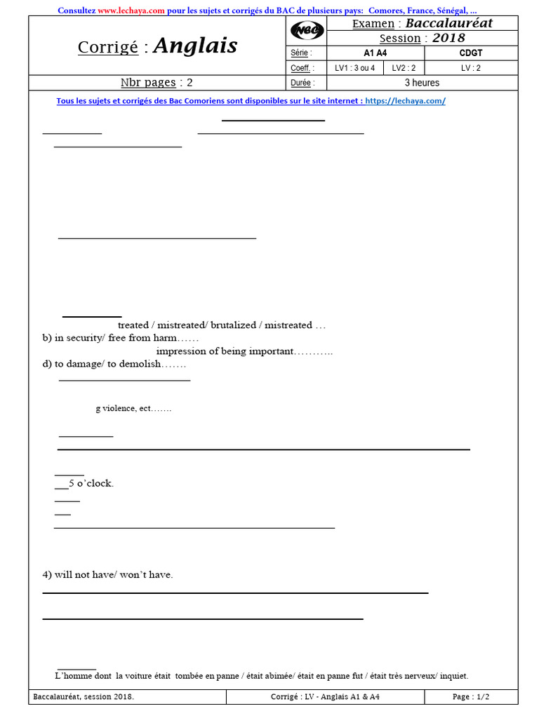 Stock LesPdf Examens BAC Comores Corr 2018 Comores Corr A4 Anglais Bac 2018 | PDF