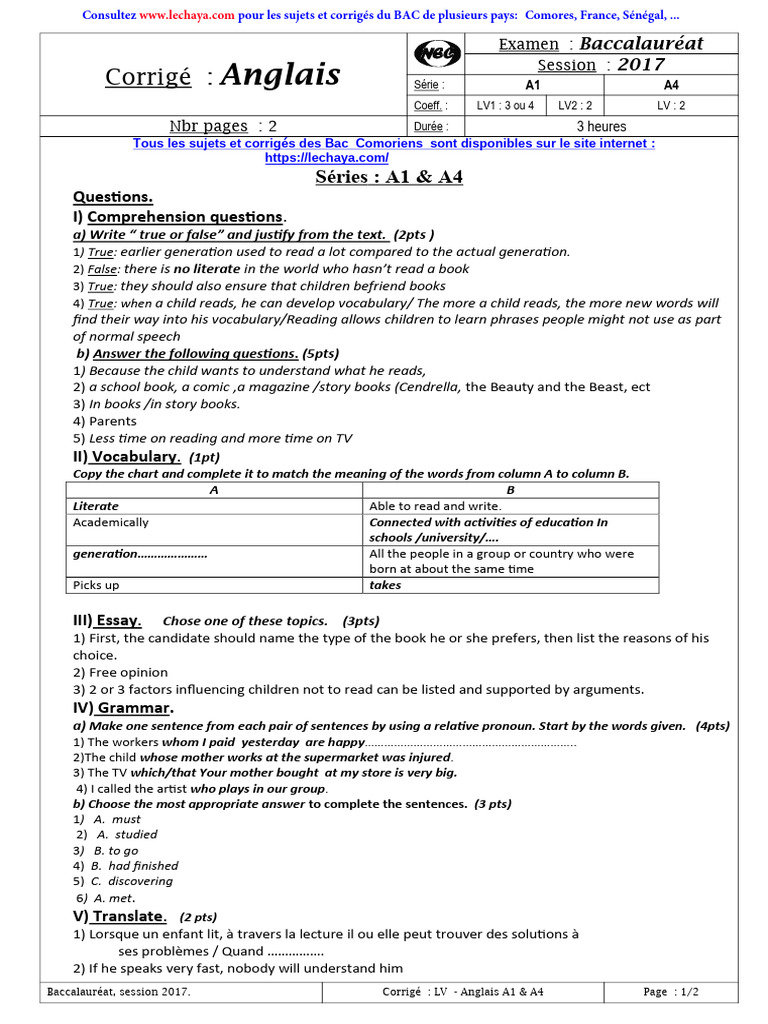 Stock LesPdf Examens BAC Comores Corr 2017 Comores Corr A4 Anglais Bac 2017 | PDF | Human ...