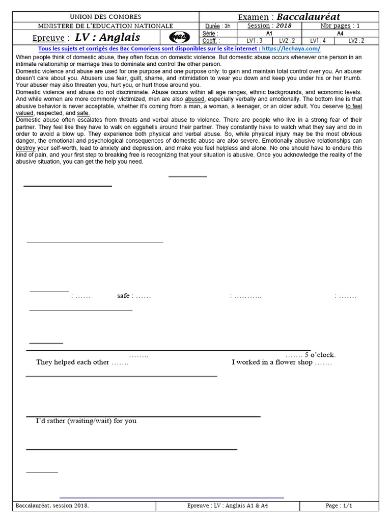 Stock LesPdf Examens BAC Comores Sujet 2018 Comores Sujet A4 Anglais Bac 2018 | PDF | Domestic ...