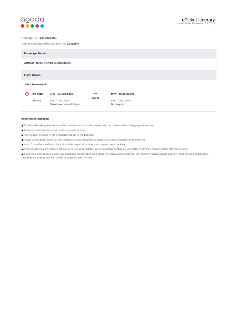 Booking ID 1440924153 ETicket | PDF