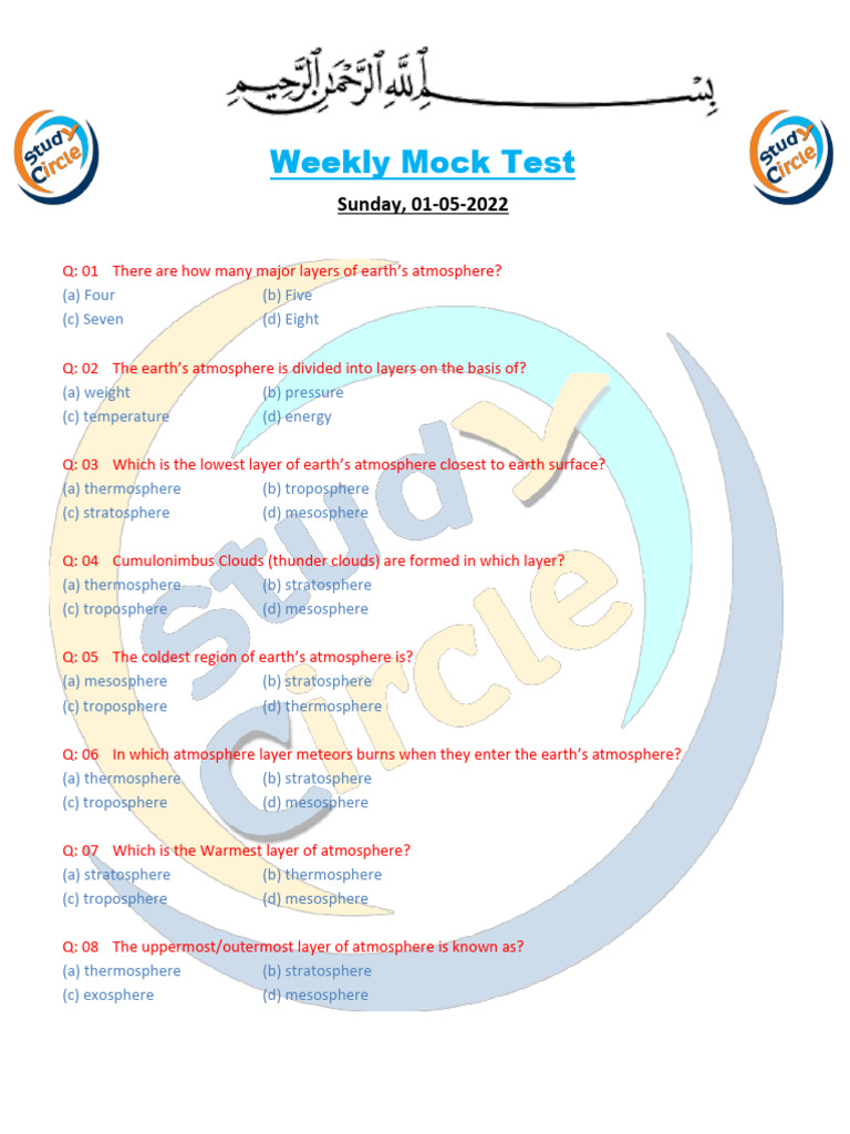 Weekly Test 1 | PDF | Atmosphere Of Earth | Atmosphere