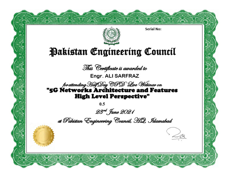 Pakistan Engineering Council: This Certificate Is Awarded To | PDF
