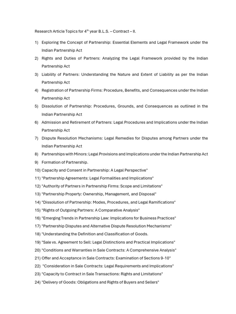 B.L.S. Research Topics on Partnership Law | PDF
