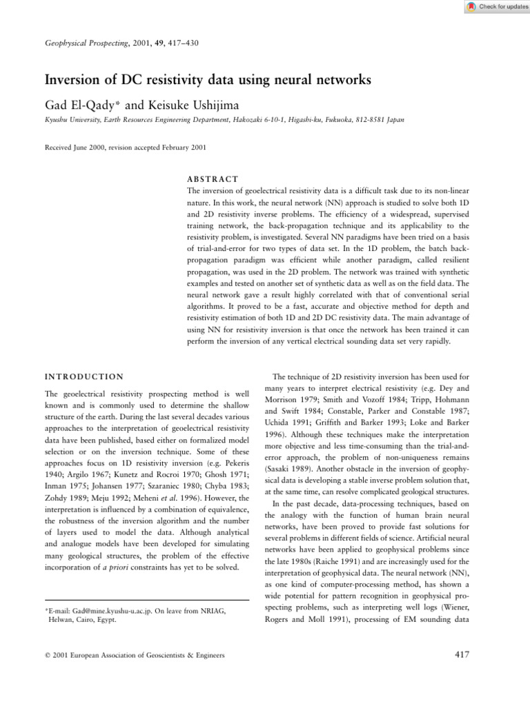 Geophysical Prospecting - 2001 - El Qady - Inversion of DC Resistivity Data Using Neural ...