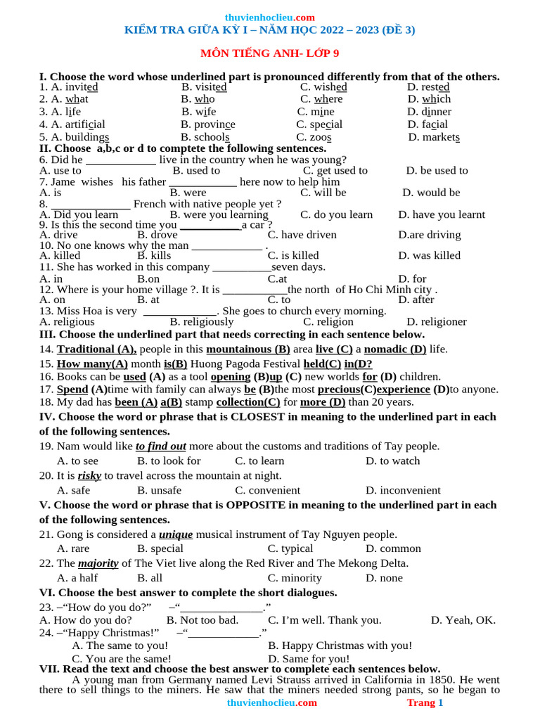 thuvienhoclieu.com-De-thi-giua-HK1-Tieng-Anh-9-nam-2022-2023-De-3 | PDF | Jeans