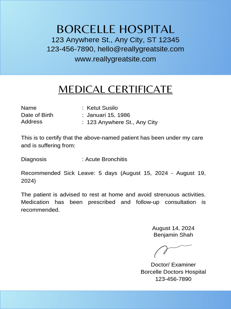 Blue White Gradient Simple Medical Certificate A4 Document | PDF