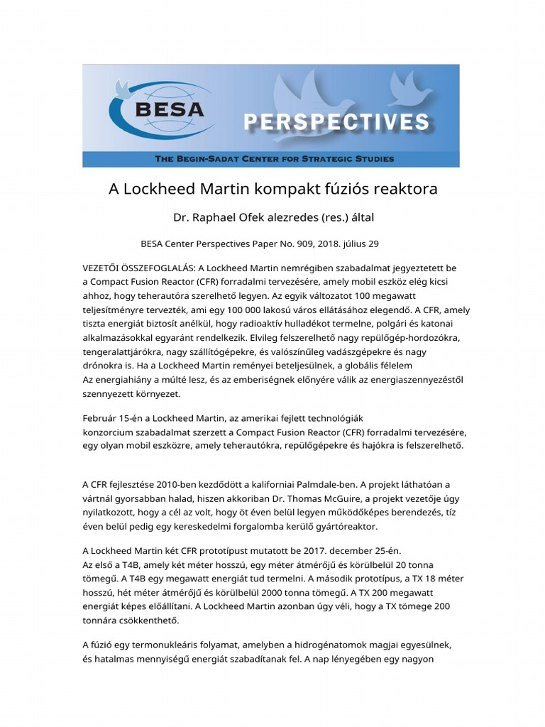 909 Lockheed Martins Compact Fusion Reactor Ofek English Final Hun | PDF