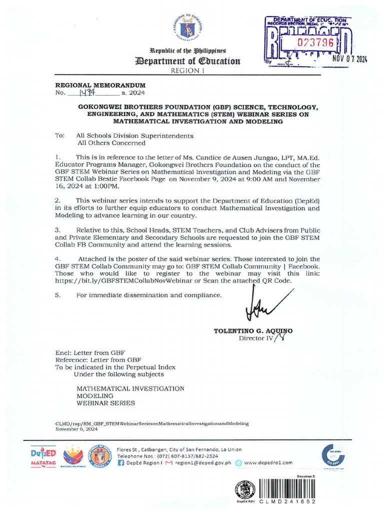DepEd Region I - Advisory No. 1474, S. 2024 - GBF STEM Collab Webinar Series | PDF