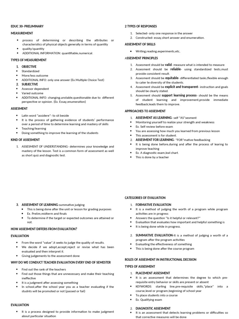 EDUC-30-PRELIMINARY-REVIEWER | PDF | Educational Assessment | Evaluation