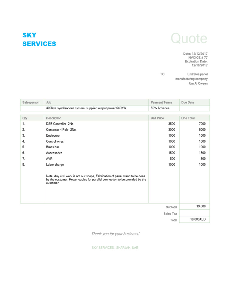 SKY Services Invoice for 400Kva System | PDF