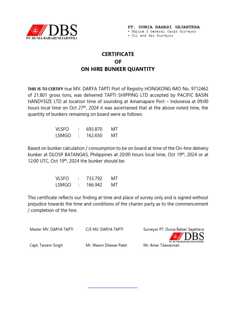 Certificate On Hire MV. DARYA TAPTI | PDF