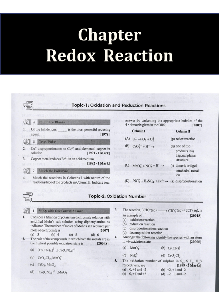 std 11 chemistry che 7 redox reaction jee advanced pyqs | PDF