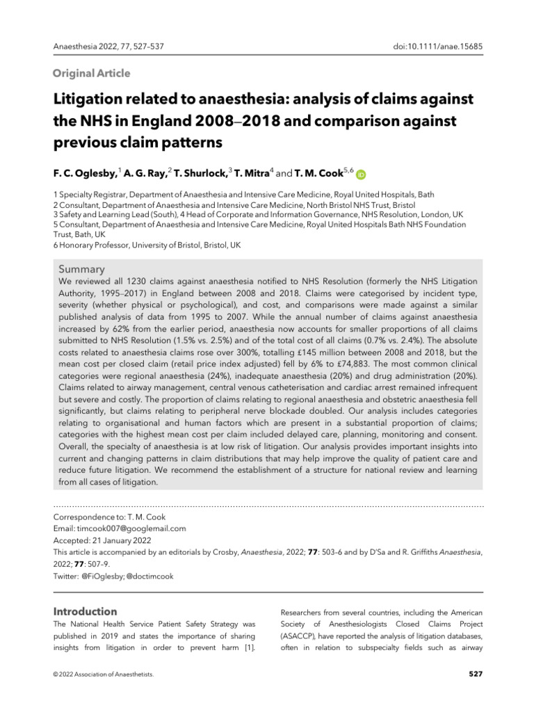 2022 Litigation Related To Anaesthesia Analysis of Claims Against The ...