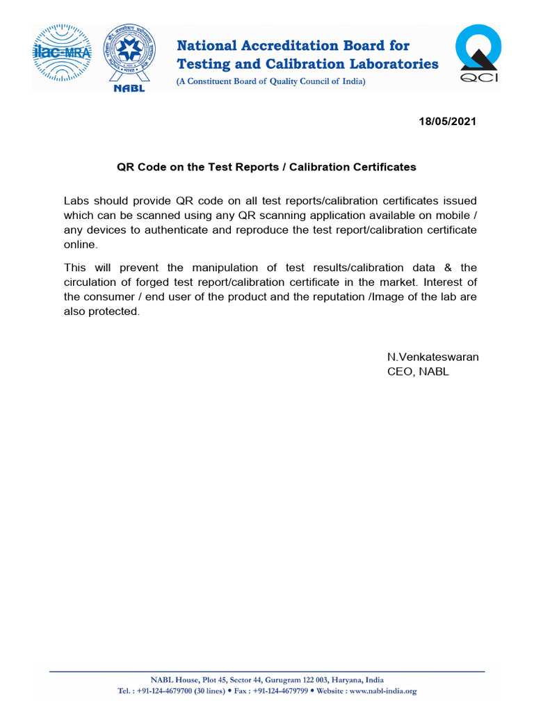 NABL Circular For QR Code On Calibration Report | PDF