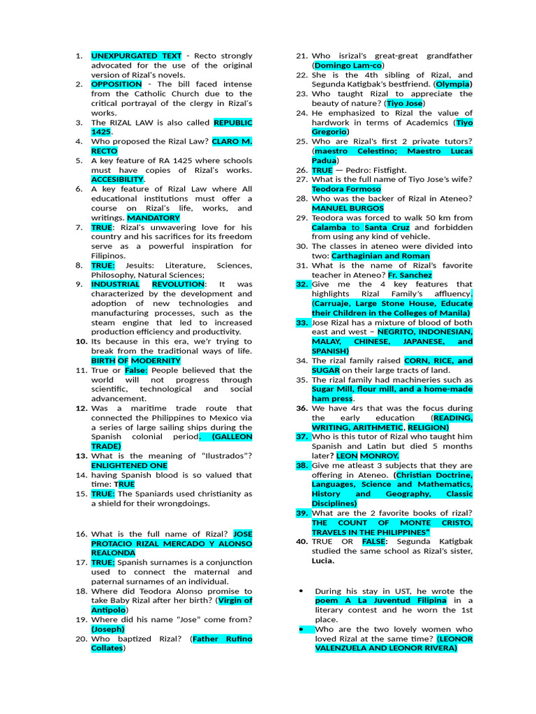 RIZAL REVIEWER | PDF | Philippines