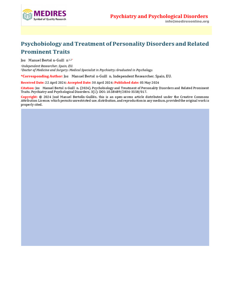 Psychobiology and Treatment of Personality Disorders and Related ...