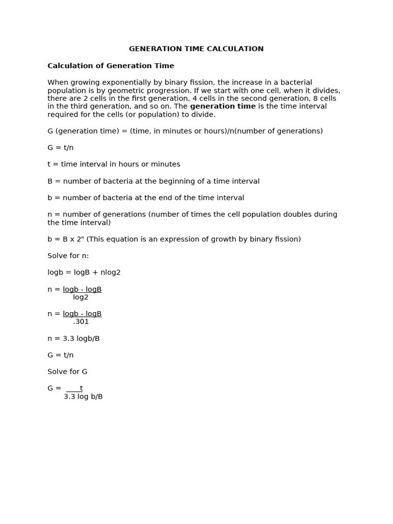 Bacterial Generation Time Formula | PDF